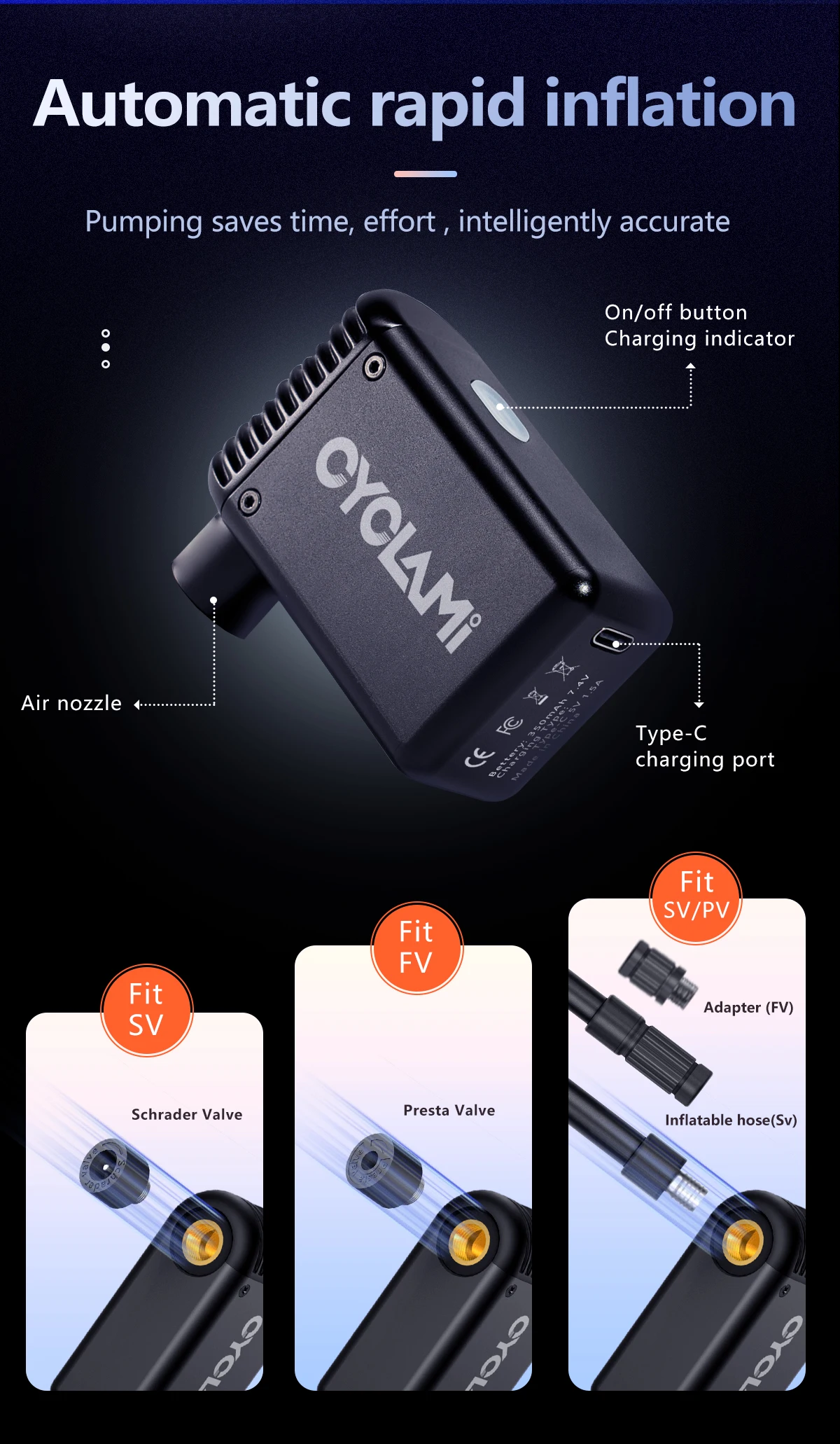 CYCLAMI A2 Mini Electric Air Pump - Portable Bicycle Inflator