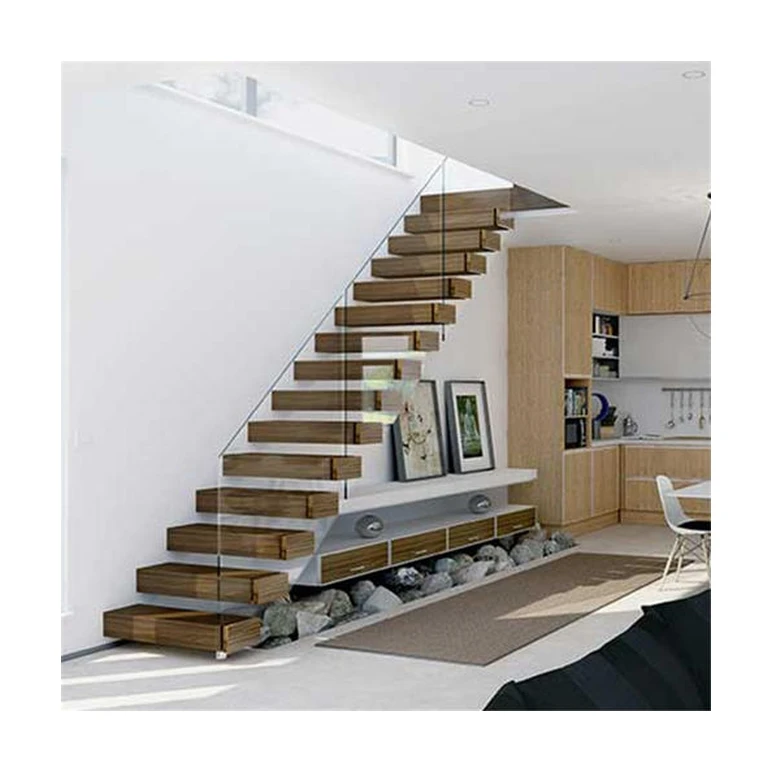 Hidden stringer wooden treads box floating straight stairs with glass ...
