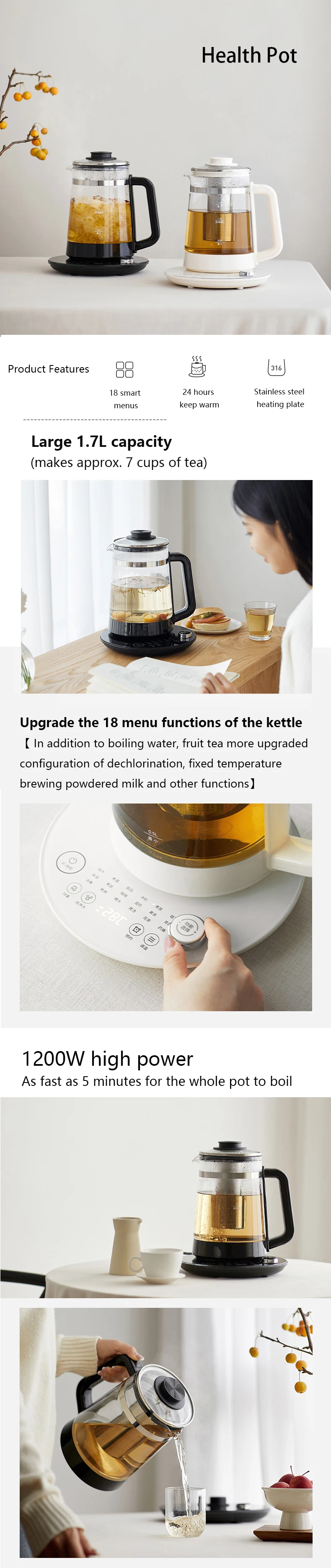 1.7L Automatic Smart Glass Kettle - Multi-Functional Tea Maker