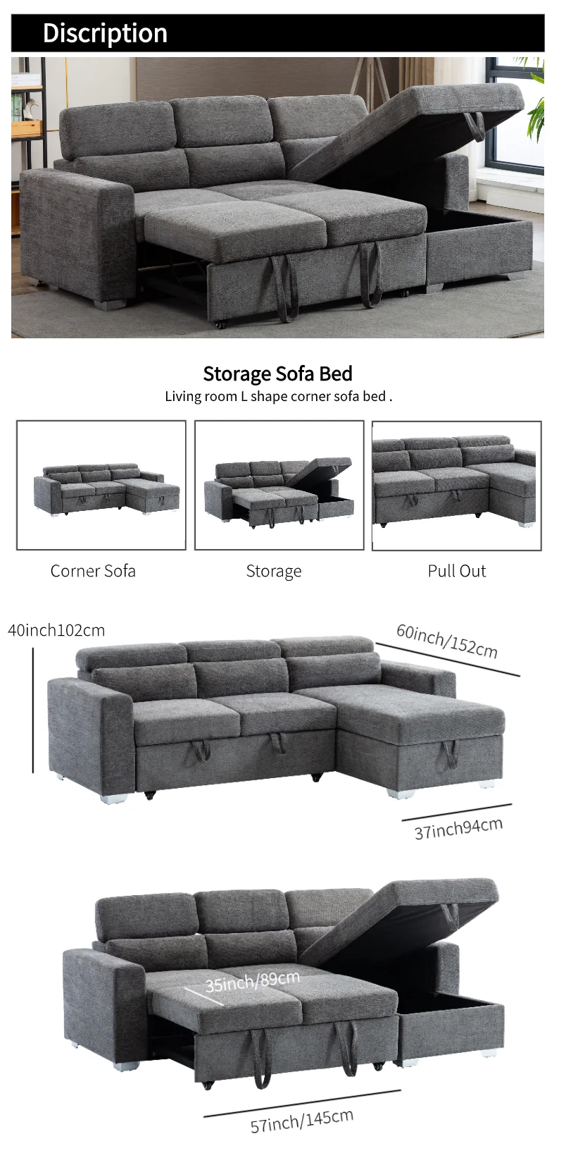 Modern Pull Out L Shaped 3seater Sleeping Corner Couch Cama Sofa Bed ...