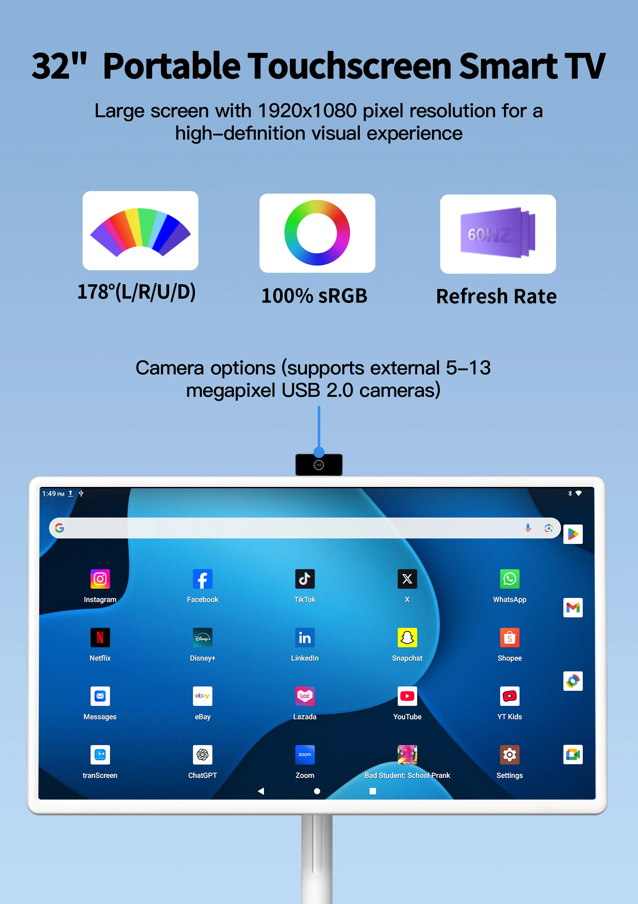 32 Inch Portable Monitor Screen - Smart TV Display Android 15