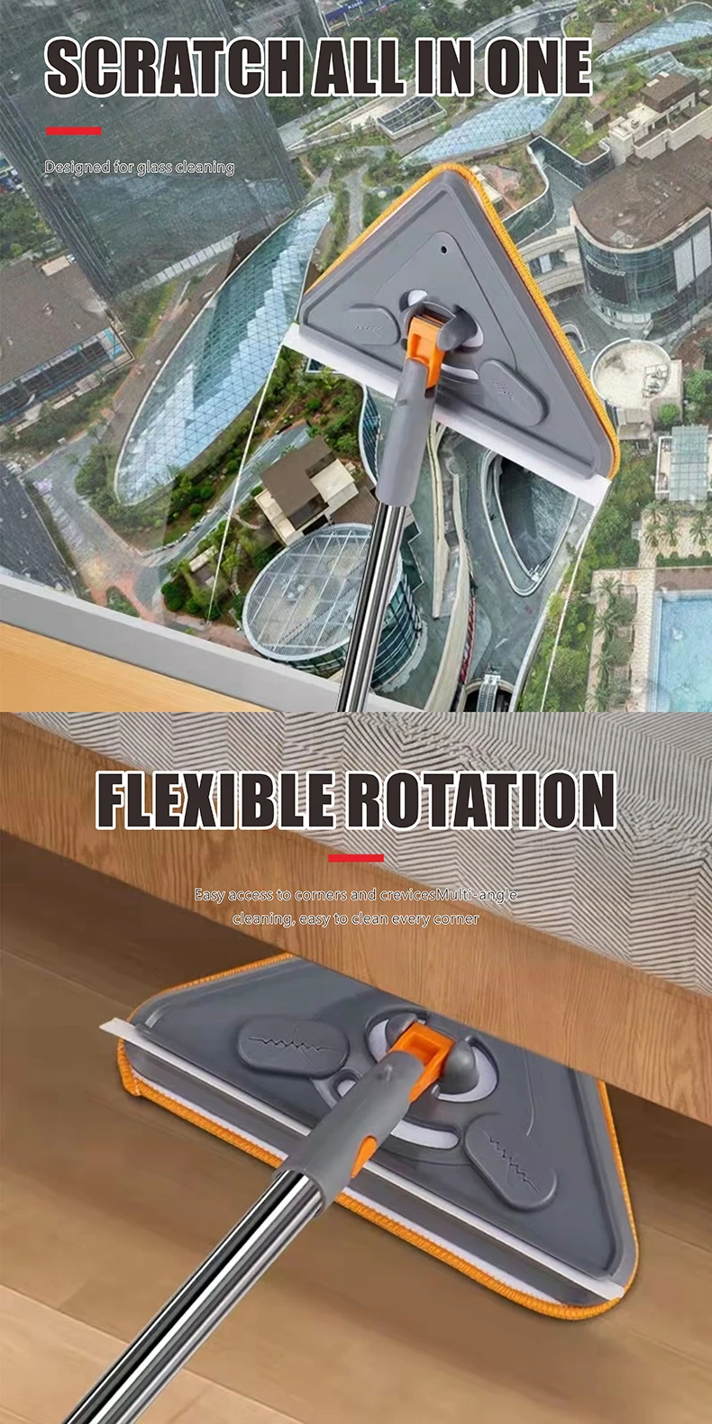 Household 360 Degree Rotate Triangular Mop Window Cleaner Long Handle ...