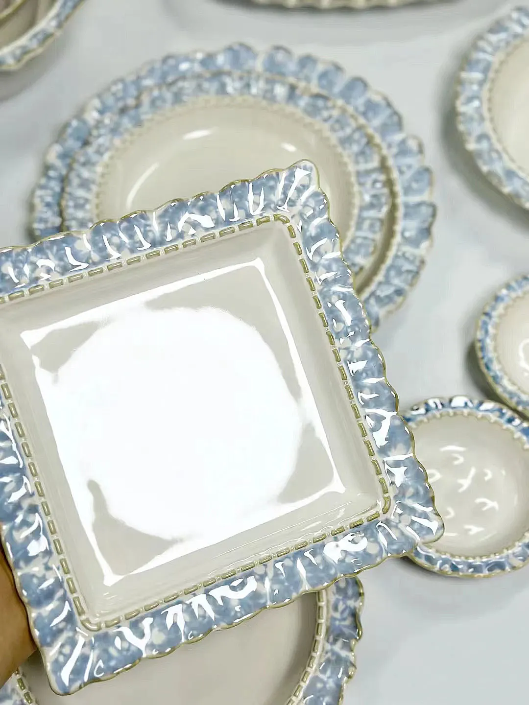 French Style Elegant Smoke Blue Ruffle Flower Ceramic Dinner Plate Set ...