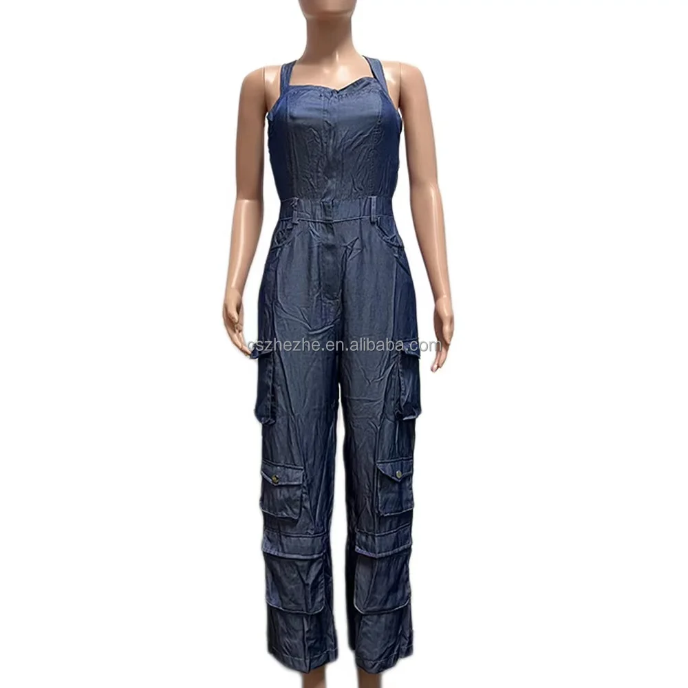 ZHEZHE Cargo Denim Multi Pockets One Piece Jumpsuit Halter Neck Women's ...
