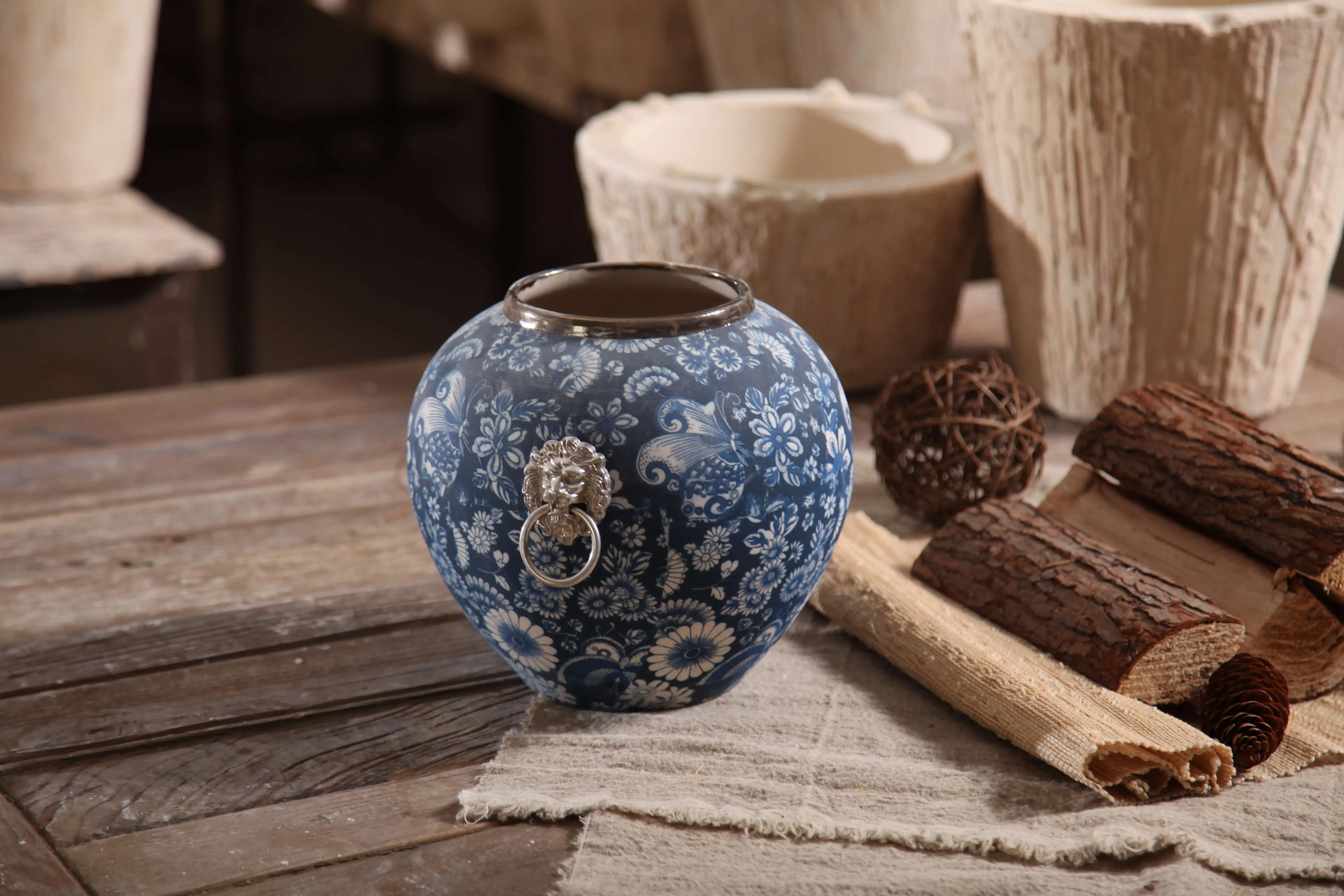 Antique Hand Painted Traditional Chinese Rustic Gold Pattern Lion ...