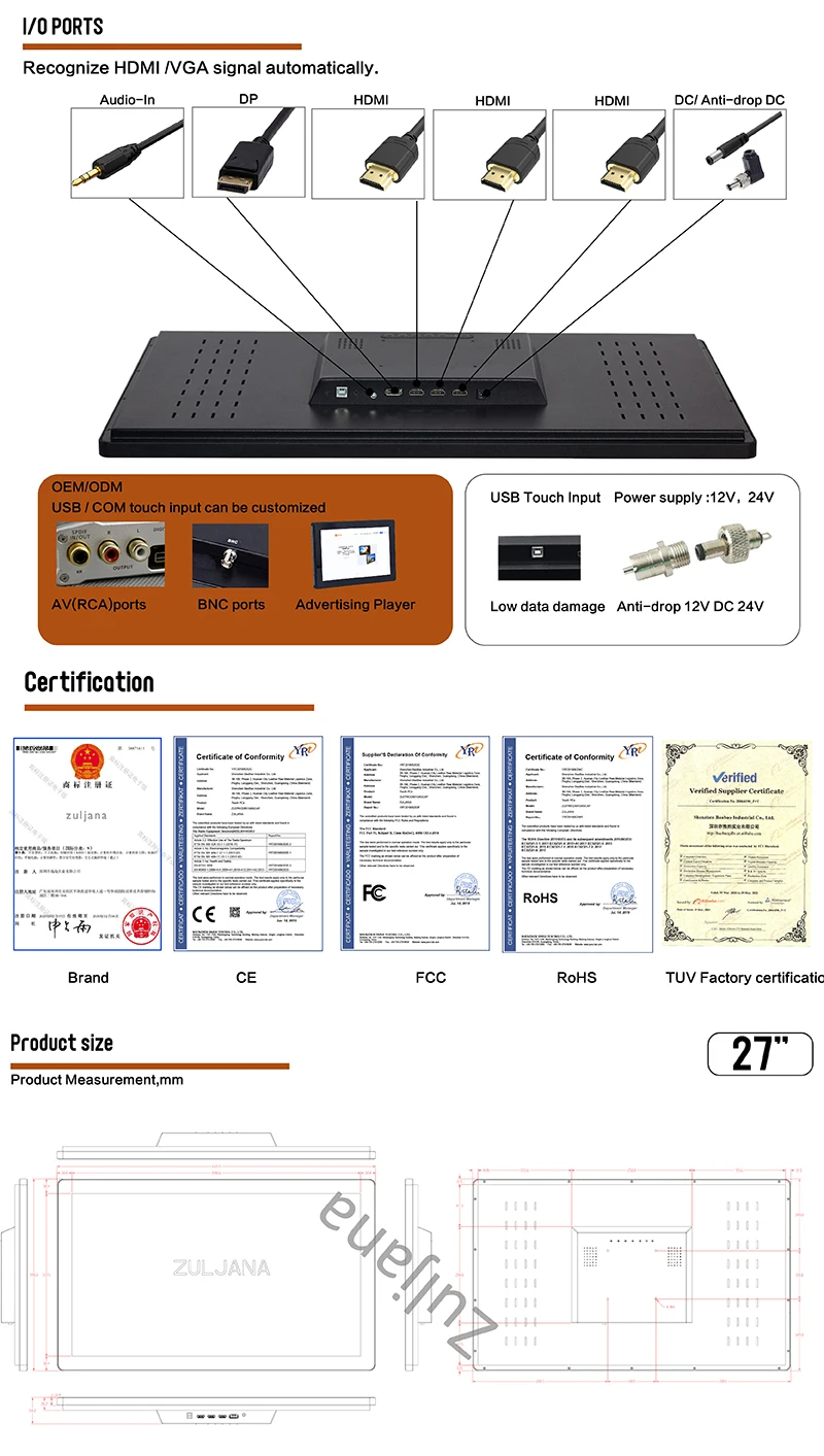 27 Inch Industrial 4K UHD IP65 Touchscreen Monitor for Business