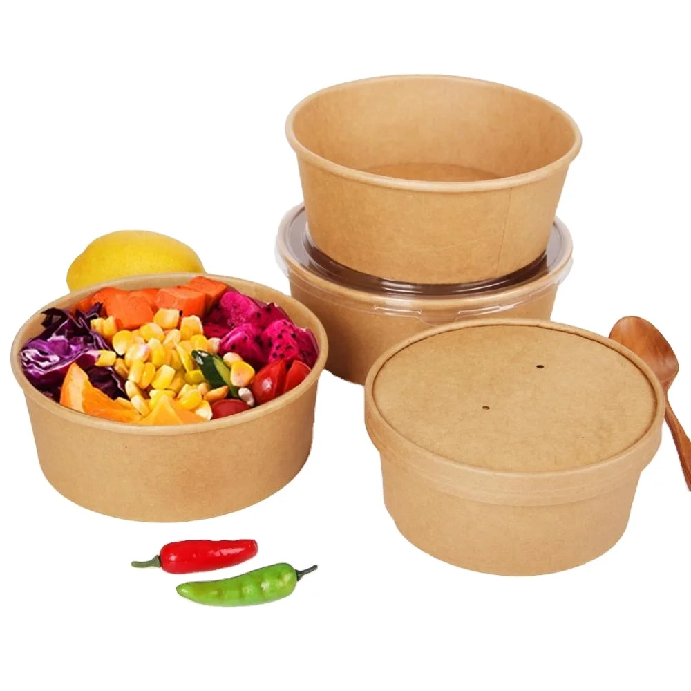 Custom Print Disposable Kraft Paper Salad Bowl With Lid Paper Plates ...