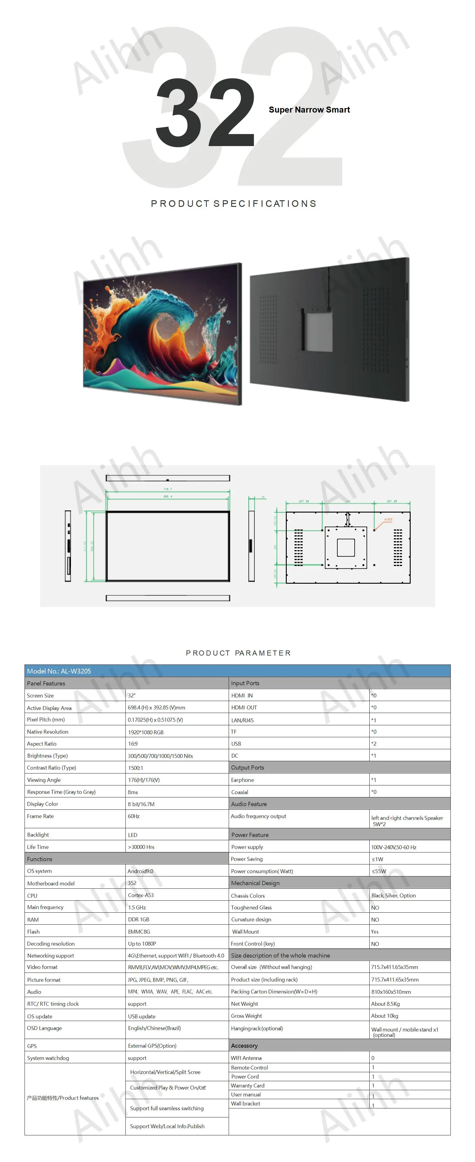 Frameless 32inch Super Narrow Frame ultra Slim Edge Wall Mounted ...