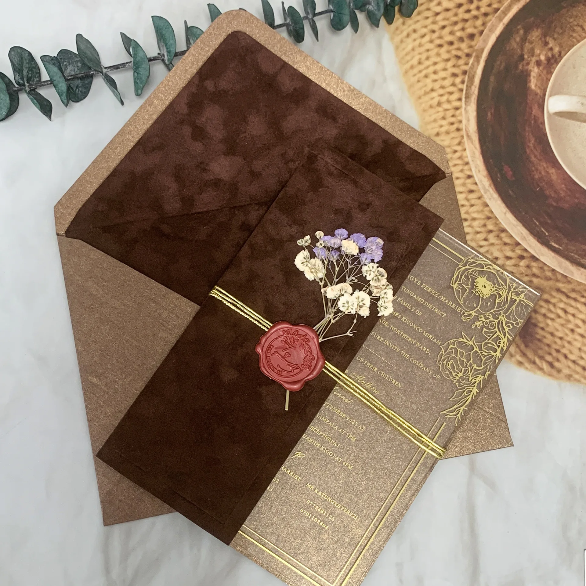 Acrylic Wedding Invitation Card With Brown Speckled Velvet Folded ...