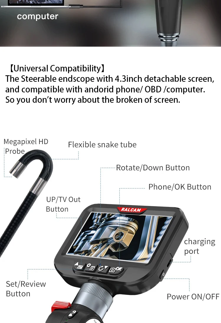 Ralcam 360 Hd Video Camera Portable Industrial Borescope H408b For ...