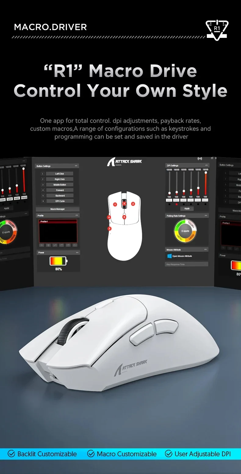 Attack Shark R1 Wireless Gamer Mouse - 18000 DPI Bluetooth, Ergonomic ...