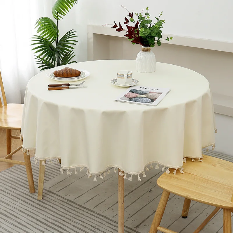 Round Tablecloth Cotton Linen Texture Tassel Table Cover For Kitchen ...