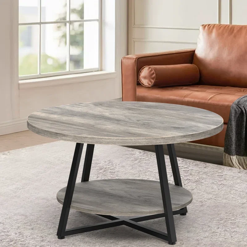 Round Coffee Table with 2-Tier Storage Shelves for Living Room