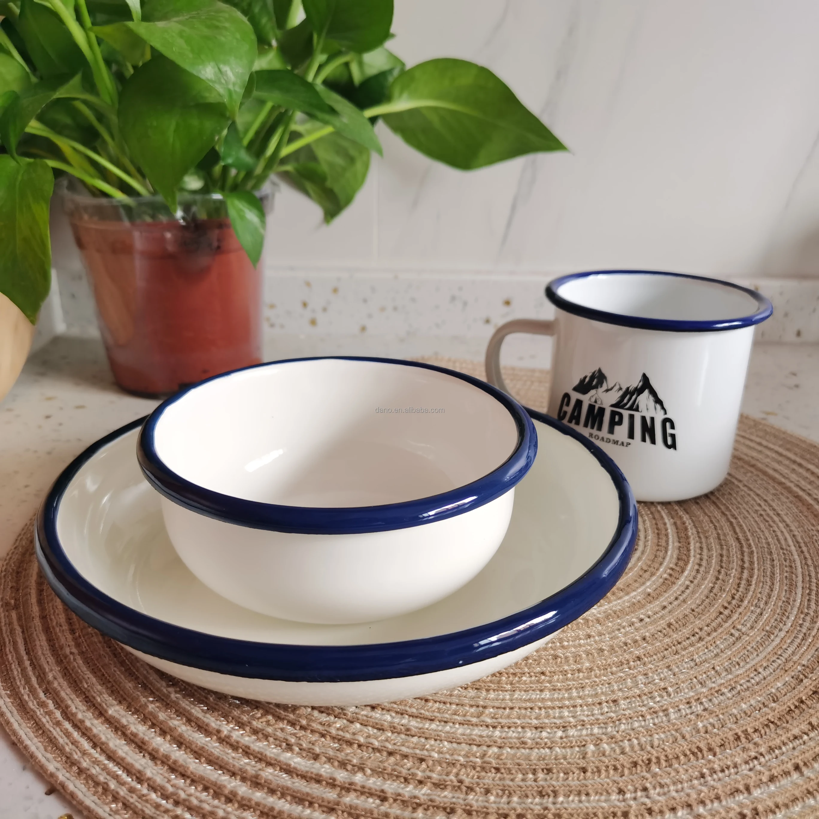 Kids Dinnerware Set Metal White Enamel Bowl Enamel Steel Plate Kids ...