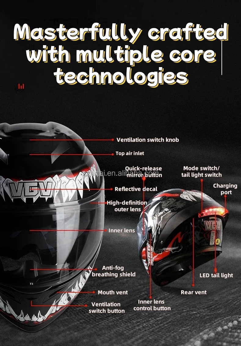 All-Season Convertible Motorcycle Helmet with Rear Spoiler and Light ...
