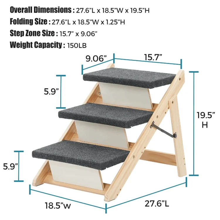 3 Tiers Solid Wood Pet Stairs Indoor Portable Pet Dog Cat Wood Stairs ...
