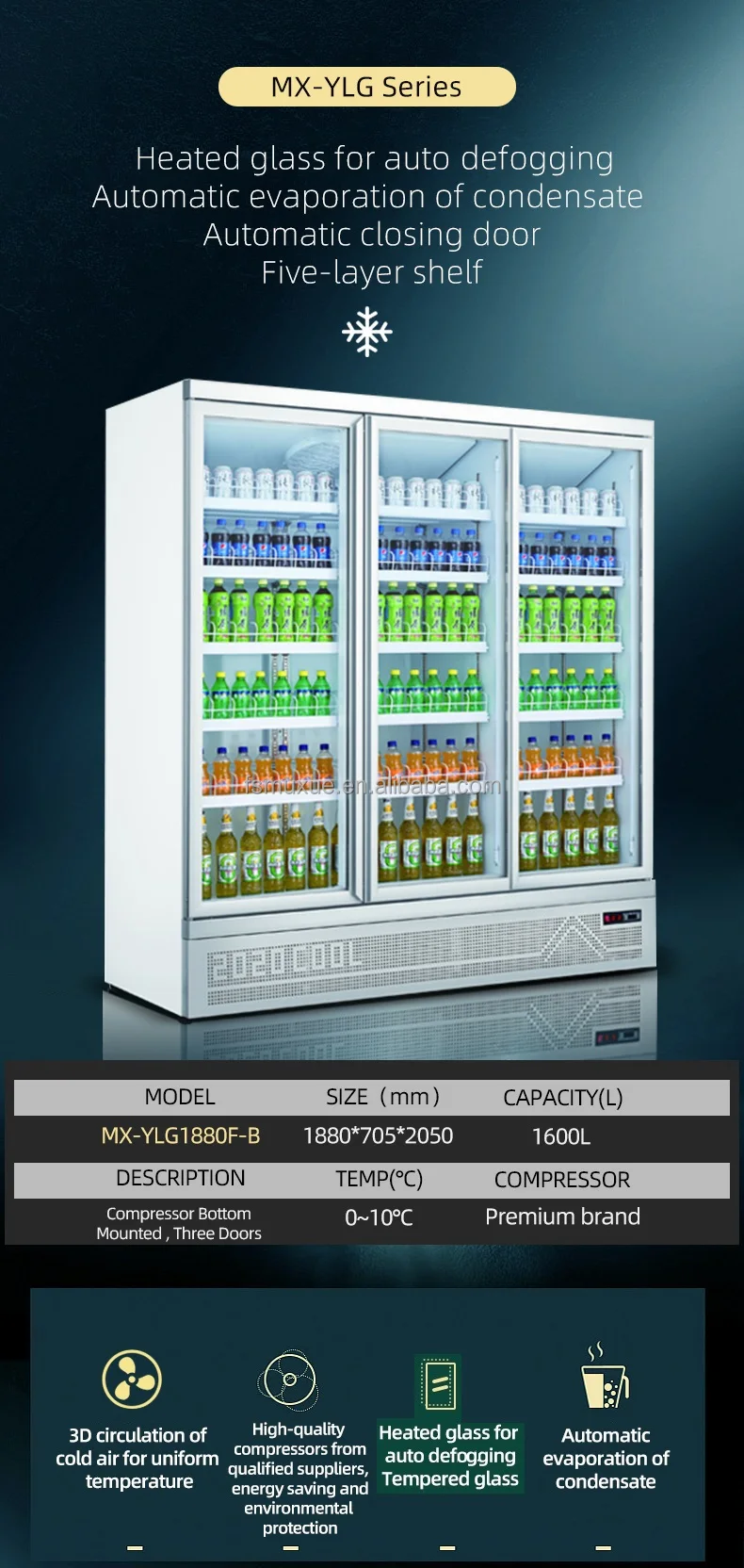 Muxue 3 Door Glass Doors Display Refrigerator Commercial Fridge For ...
