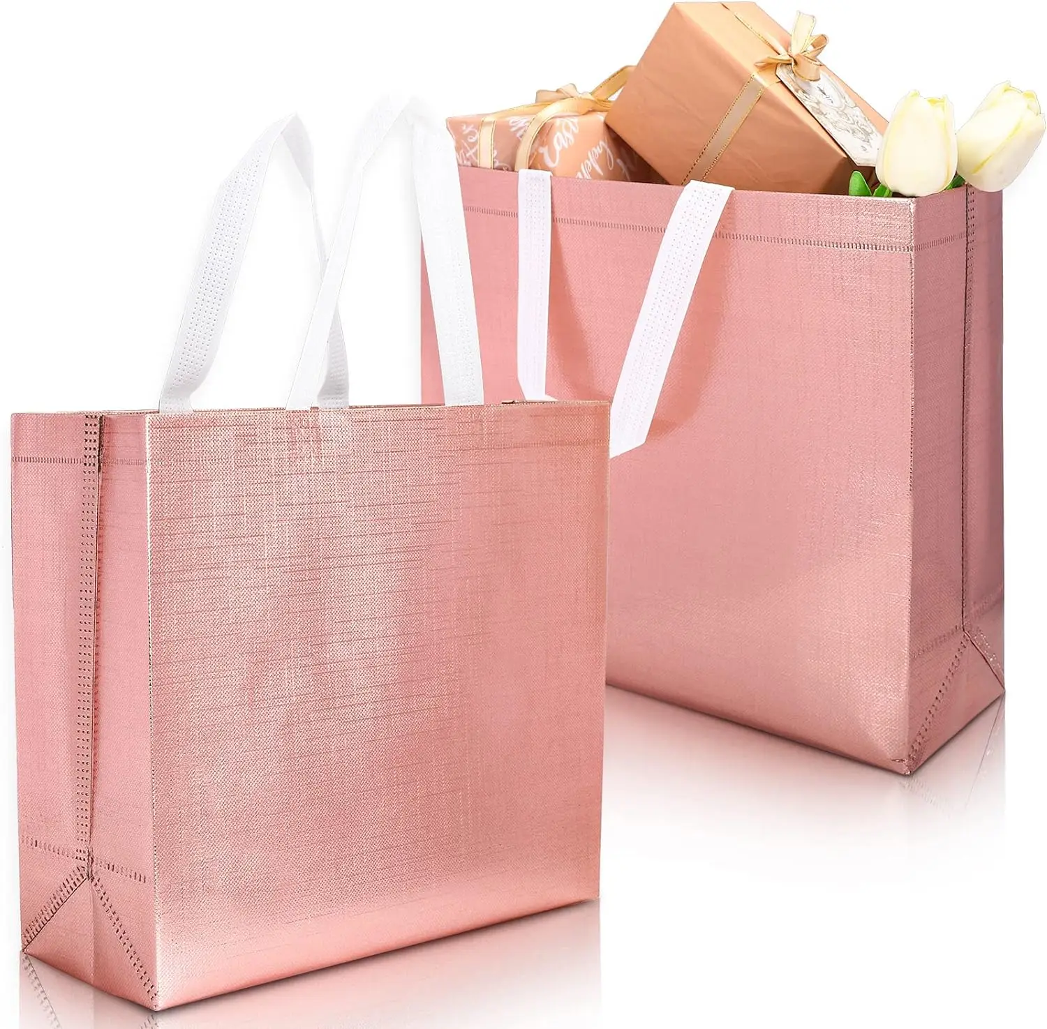 Reusable Rose Gold Gift Bags Glossy Glitter Tote Bag Large Size Stylish ...