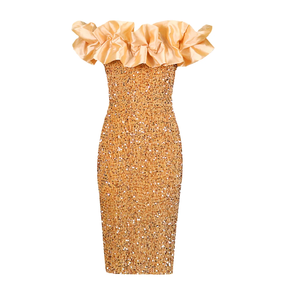 Bare Shoulder Sequin Tulle Ruffle Backless Elegant Women Evening Dress ...