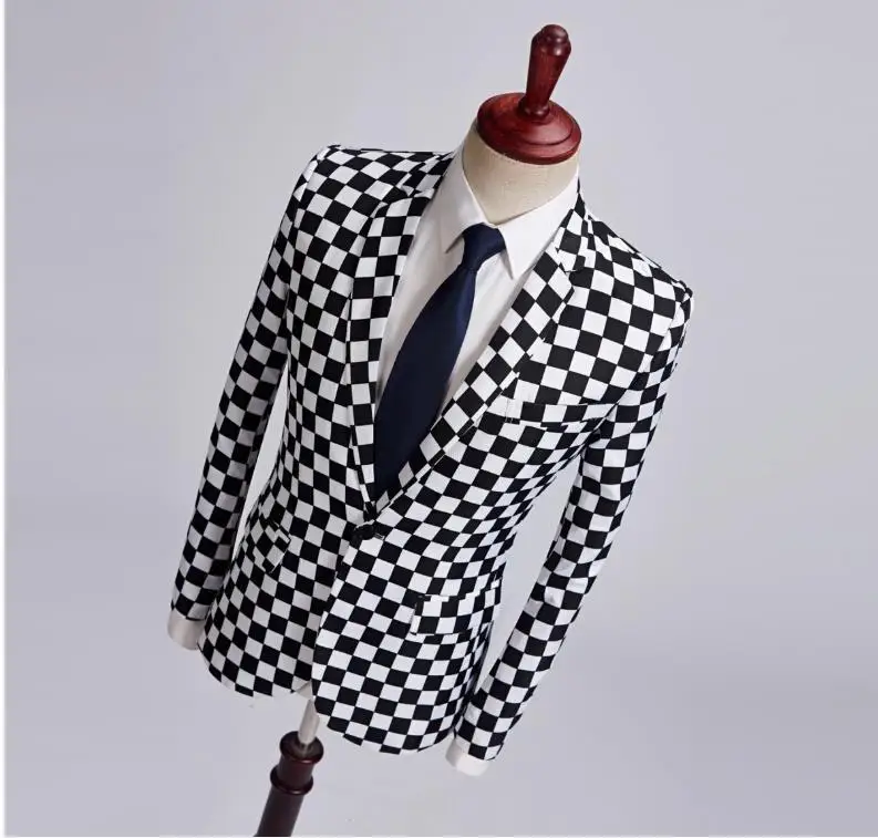 Men's Suit Jacket 2022 Checkerboard Black White Plaid Printing Blazers ...