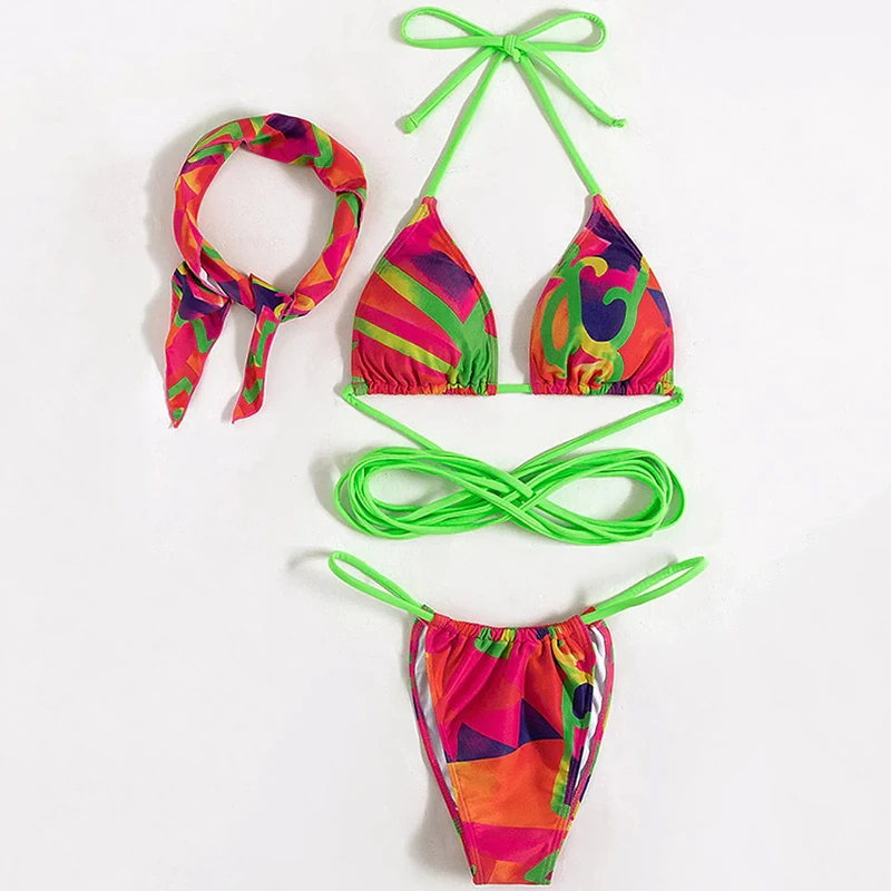 Women Graphic Print Lime Colorful Sexy Mini Skirt Bikini Set Strappy ...