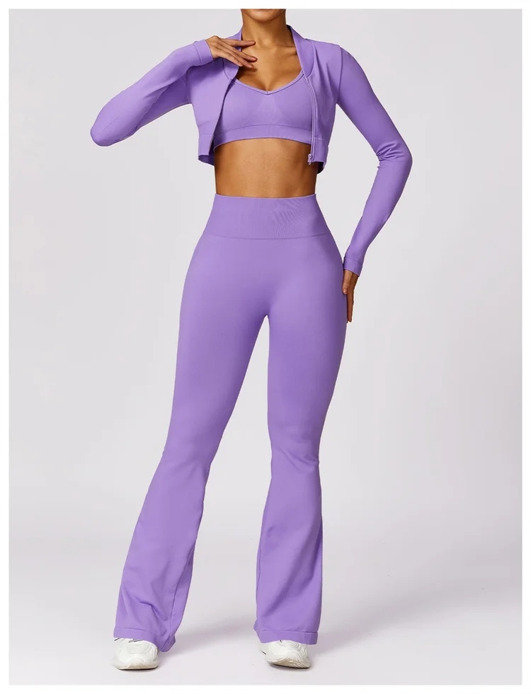 Seamless Female 2 Piece Gym Set Women Yoga Set Workout Tracksuit Fitness Sport Flared Pants Long ...