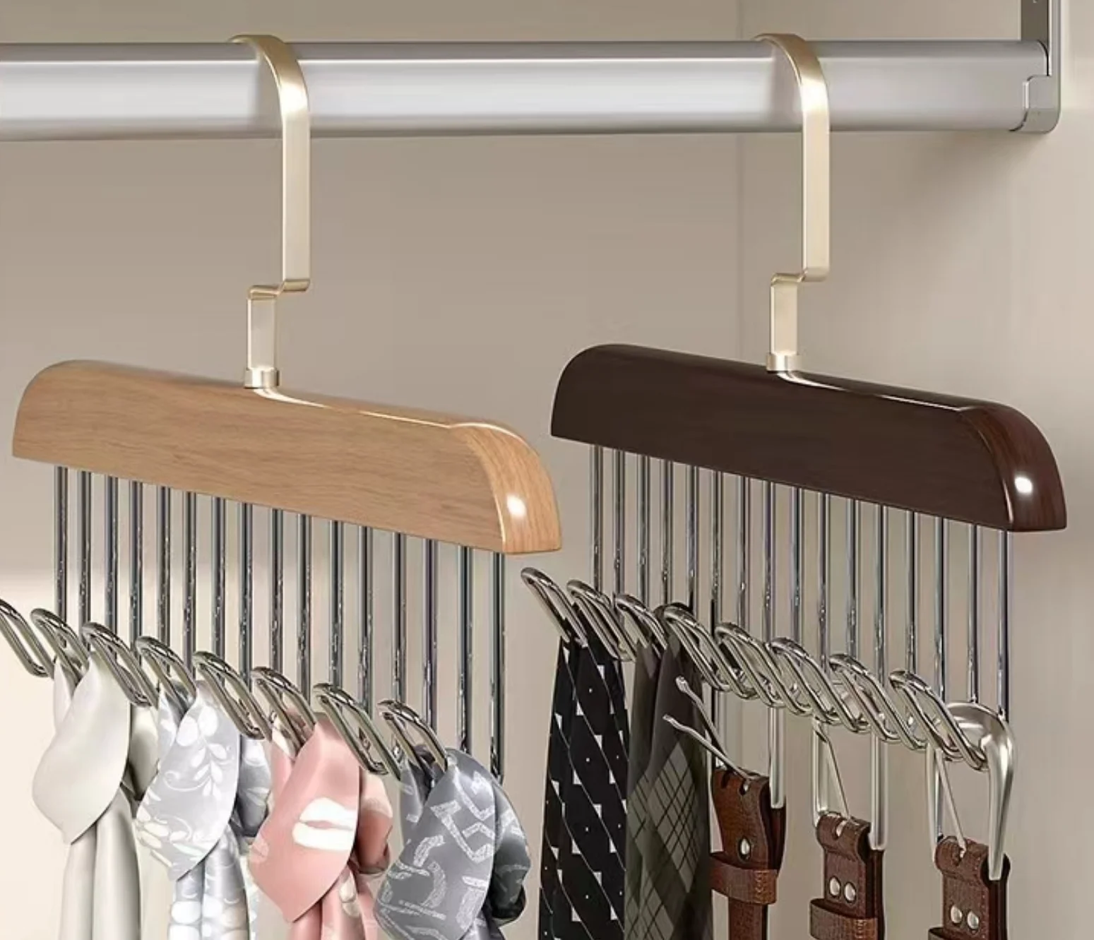 Natural Color Beech Wooden Tie Hanger with 8 Metal Hook Scarf Hanger ...