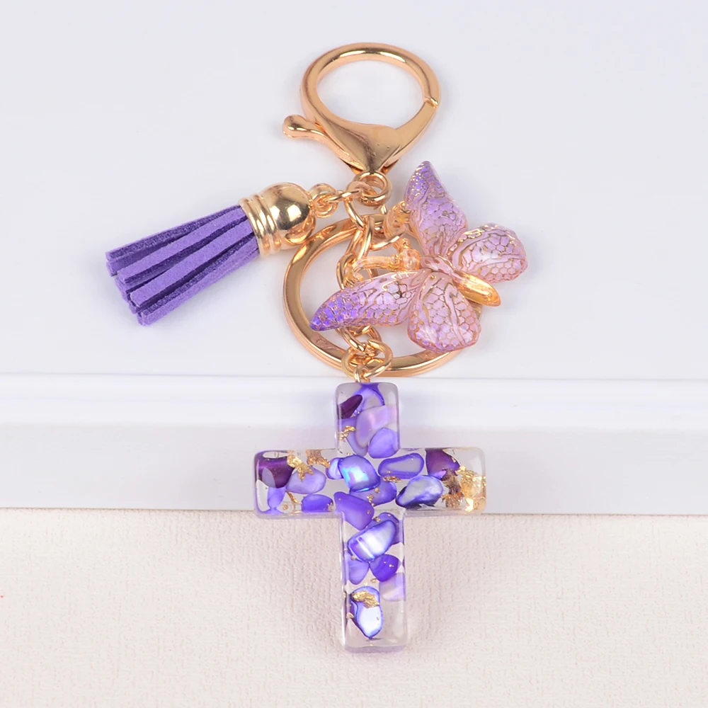 Wholesale New butterfly Fringe Crystal Drop Glue Stone Cross Keychain ...