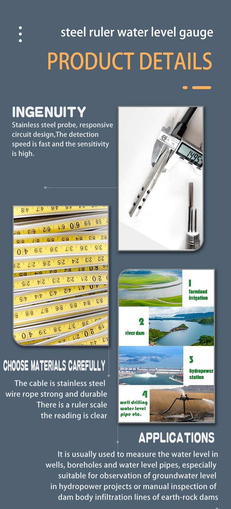 10m-500m Groundwater Dam Steel Ruler Cable Instrument for Measuring ...