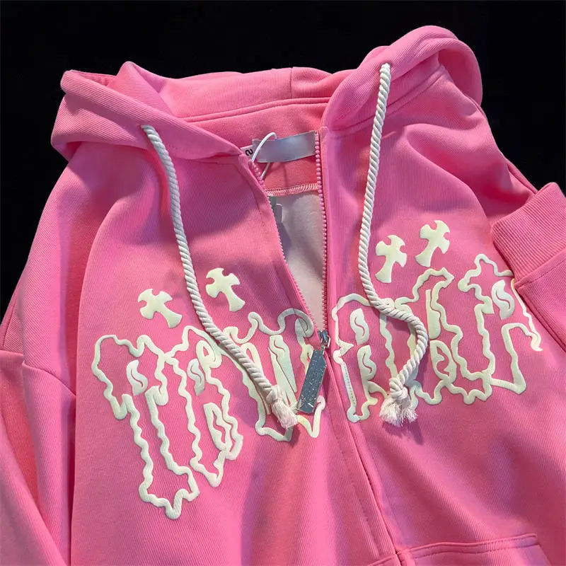 OEVE Custom logo oversized unisex hoodies puff print full zip up hoodie ...