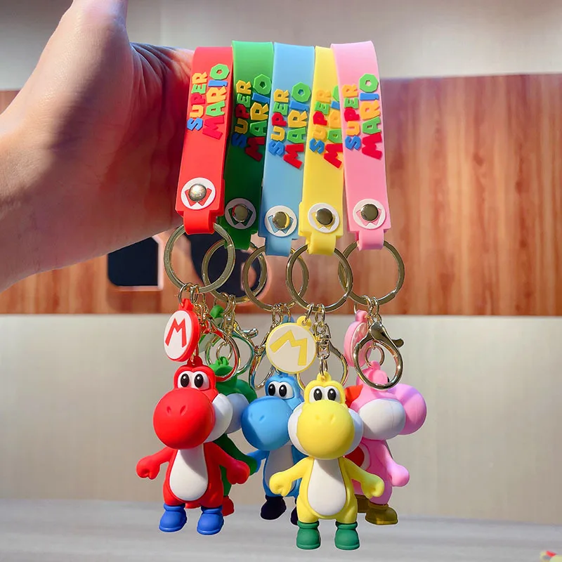 Lovely Cartoon Mario Yoshi Keychain 3D Doll Backpack Decoration Car Key ...