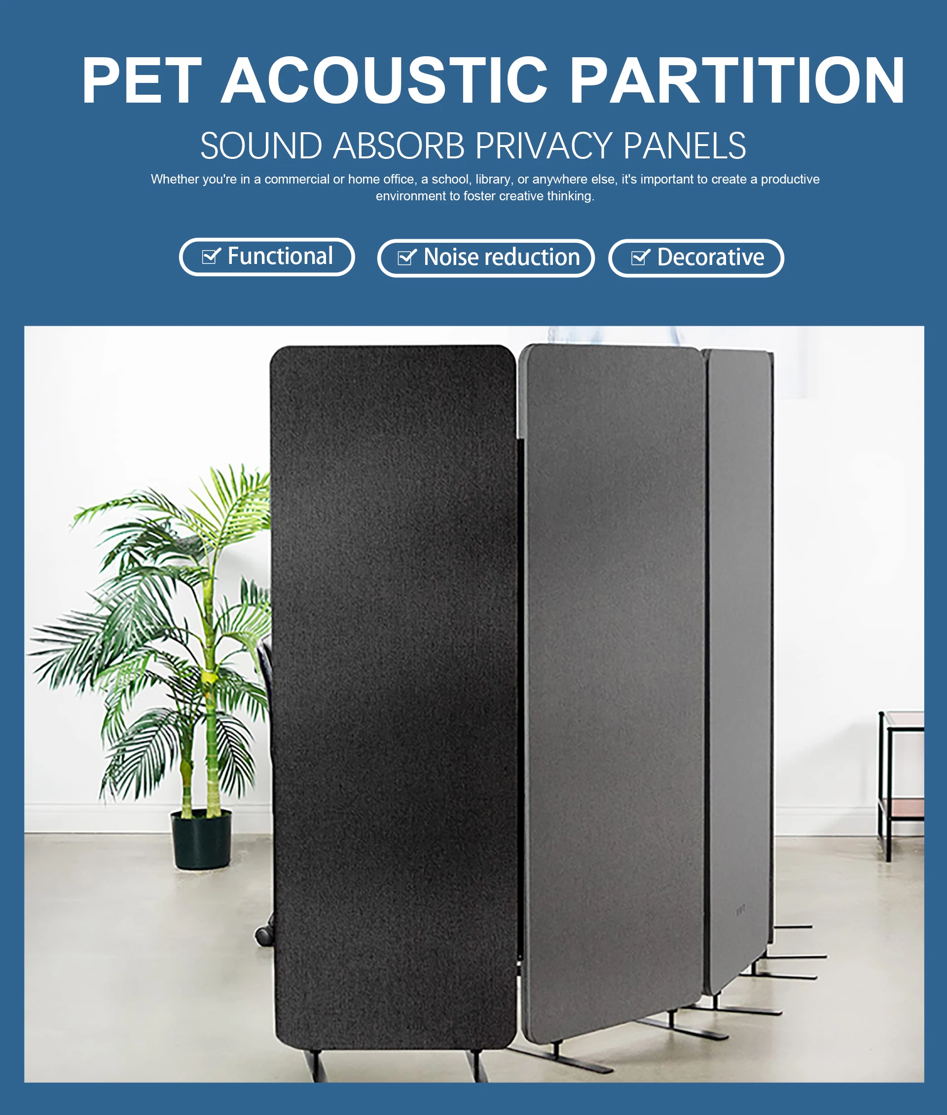Acoustic Free Standing 3 Panel Partition for Office Sound Proofing
