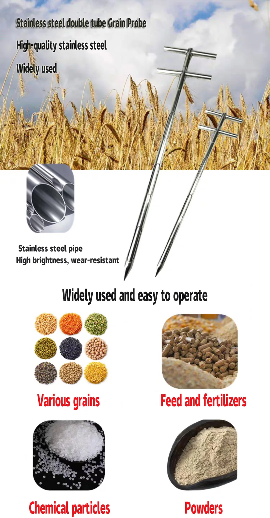 Stainless Steel Sampler for Powder Particle Fertilizer
