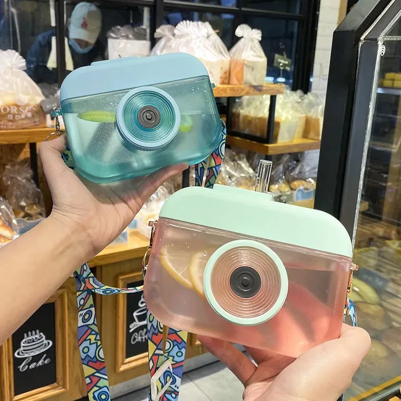 Cute Camera Water Bottle To School 400ml Kids Kettle With Straw ...