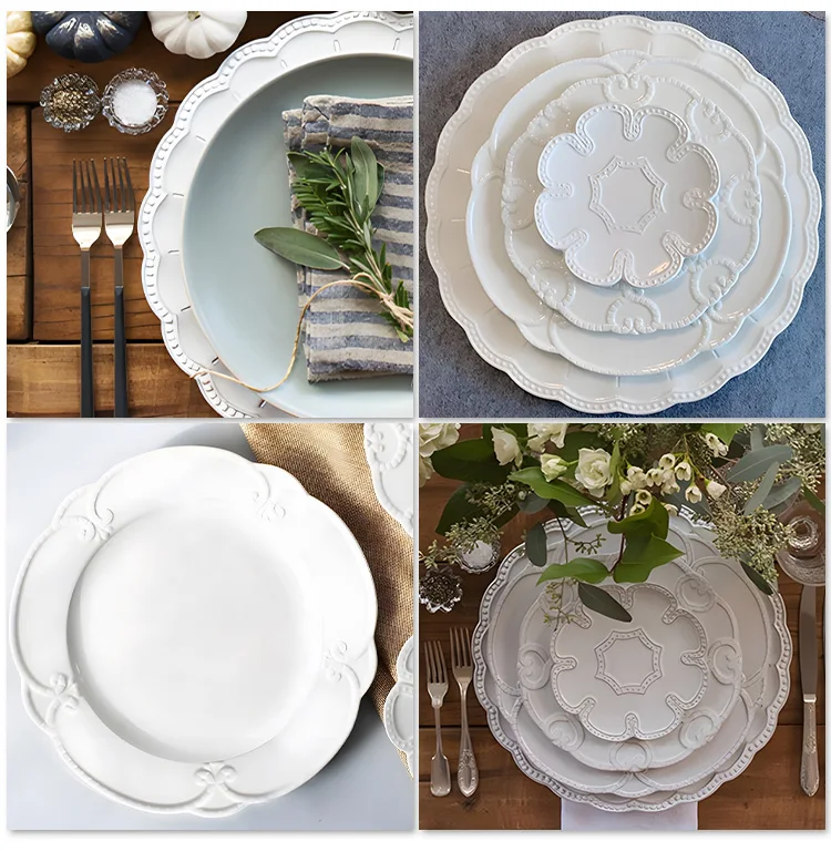 White Emboss Pottery Dinner Sets Porcelain Chargers China Dinnerware ...