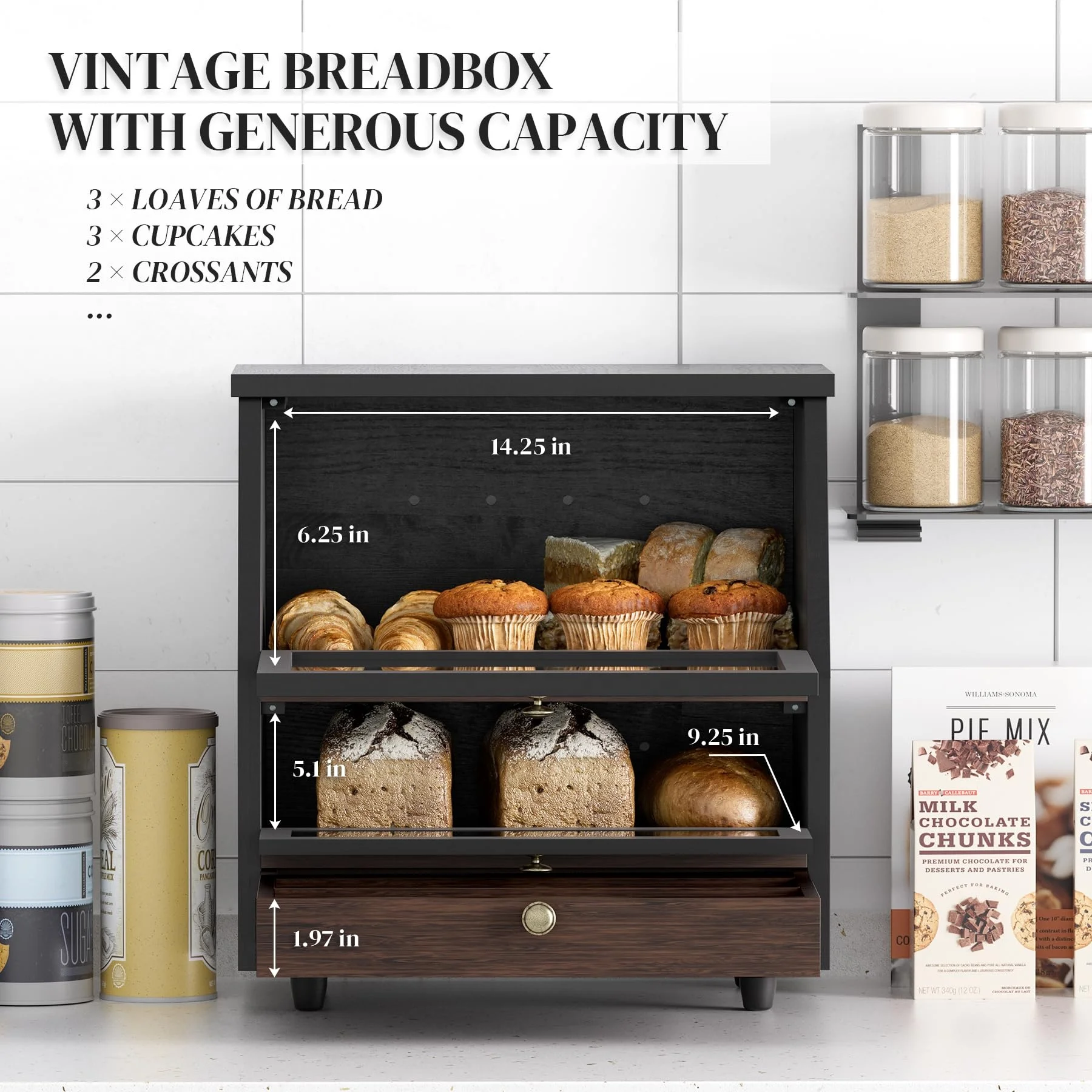 Wooden Bread Box For Kitchen Countertop Black Bread Box Organizer Extra ...