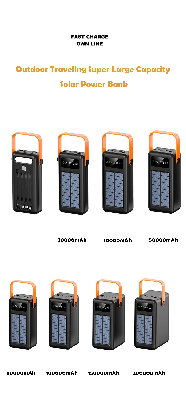 Outdoor Traveling Super Large Capacity Portable Solar Power Bank 200000mah