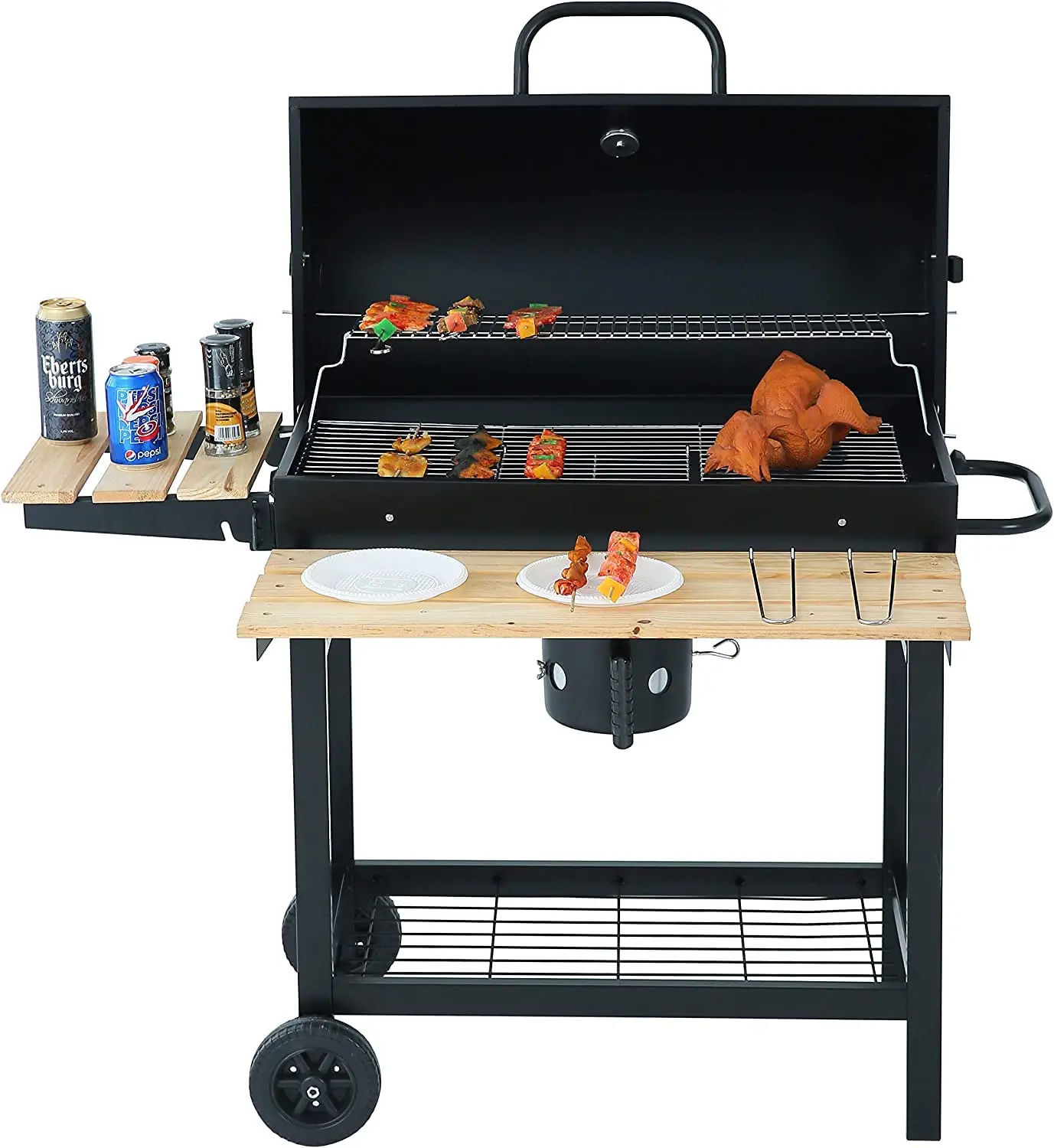 Durable Outdoor Trolley BBQ Grill Offset Smoker with Shelf