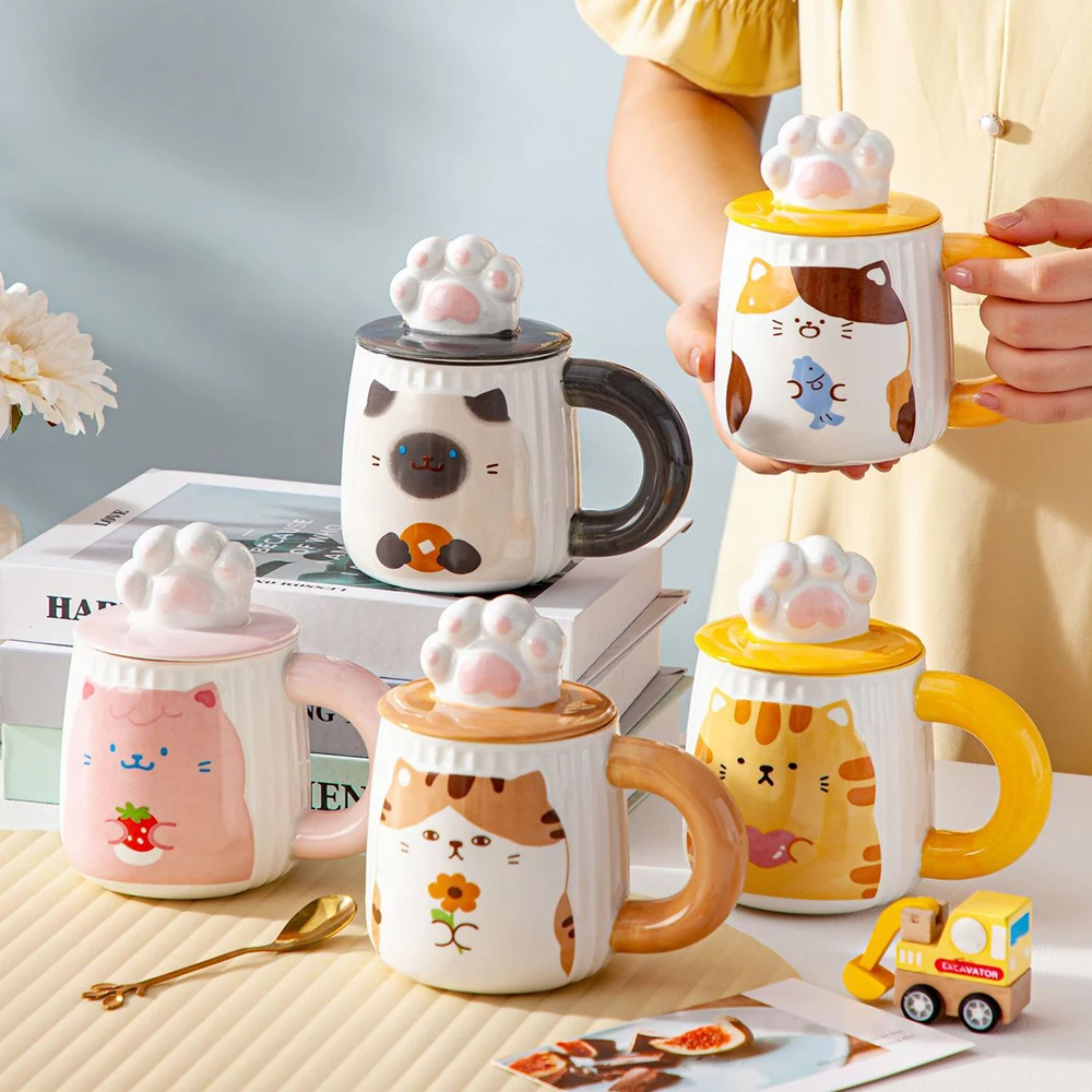 Cute Cartoon Cat Ceramic Cup with Lid Creative Cat Claw Mug Surprise ...