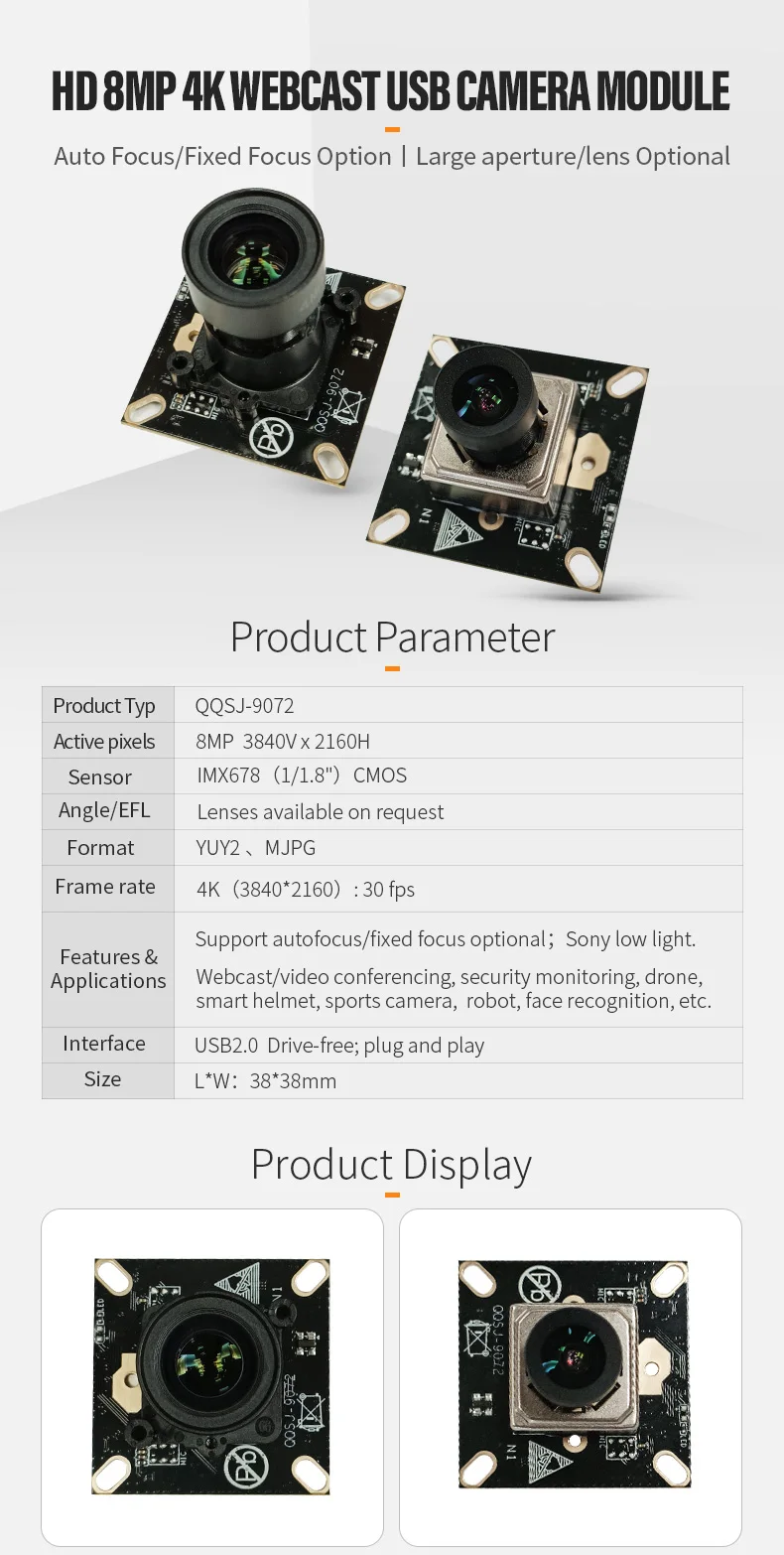 8MP IMX678 USB 4K Face Recognition Conference Camera Module ODM