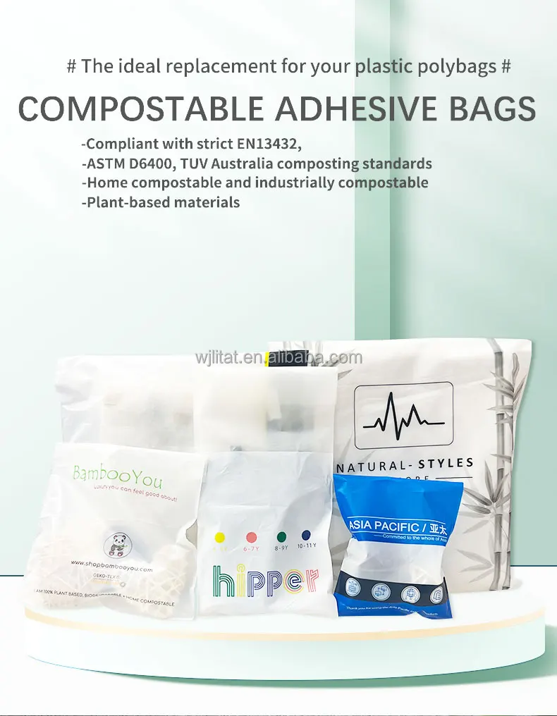 100% Compostable Corn Starch Clothing Bag Cloth Packaging Garment Bags Self Adhesive Seal Pla ...