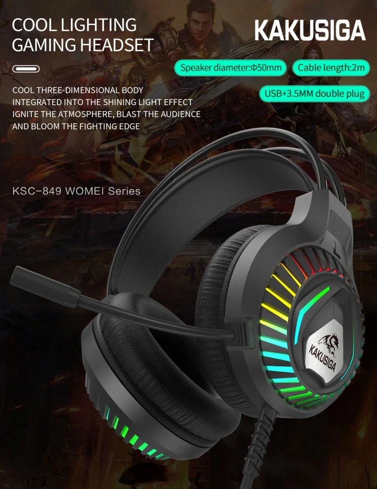 KAKUSIGA Gaming Headset - Wired, Dual Plug, and ANC
