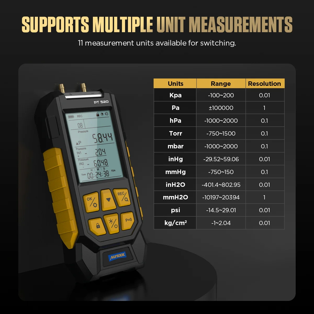 Autool Pt520 -100-200 Kpa Low Pressure Digital Manometer Gauge For Gas ...