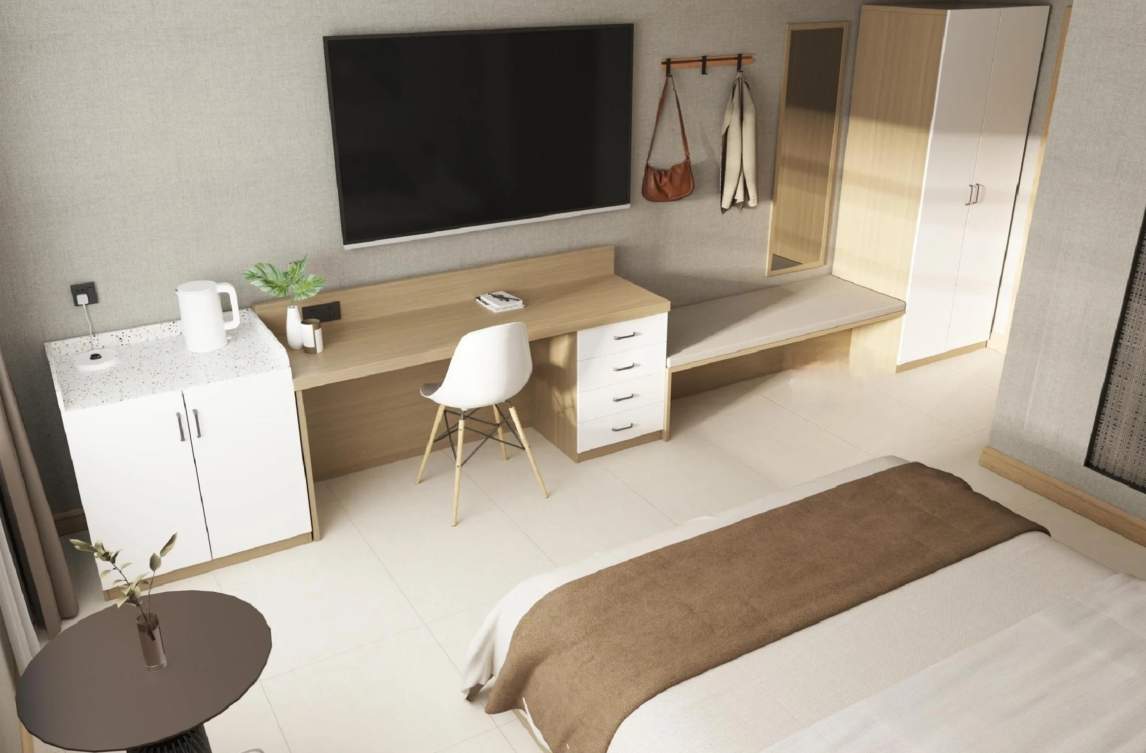 Contemporary Hotel Set Design Custom Wood Bed Screen Casegoods Kitchen ...