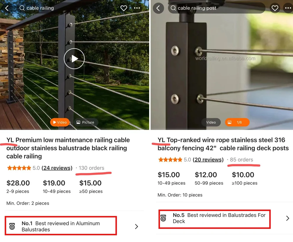 Yl Premium Low Maintenance Railing Cable Outdoor Stainless Balustrade ...
