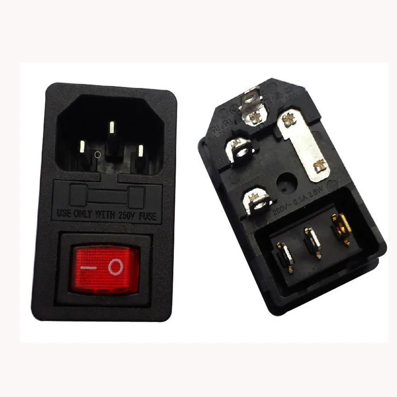 250v 15a Male 3 Pin Ac Socket And With Fuse And 4 Pin Red Light Rocker ...