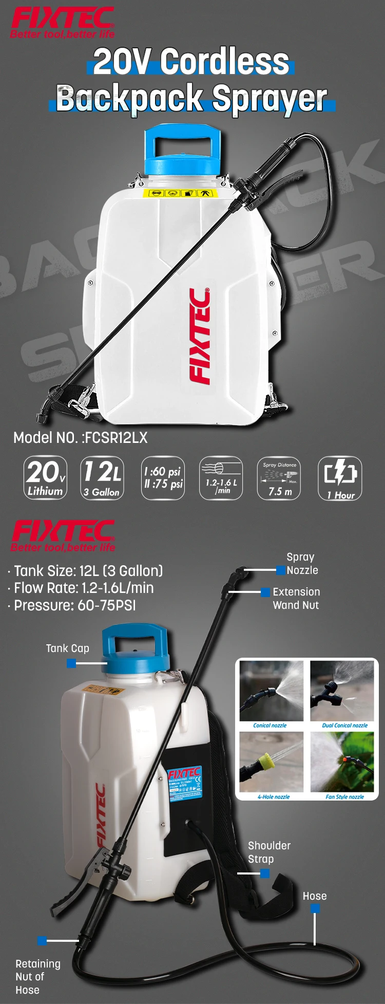 FIXTEC 12L Battery Powered Pump Backpack Sprayer for Fertilizer