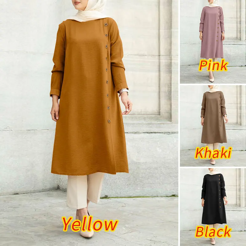 5XL Plus Size Muslim Tunic Tops Casual Long Sleeve Pleated Muslim Dress ...