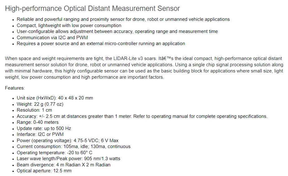 Lidar Lite V3 Laser Rangefinder Sensor for Drones