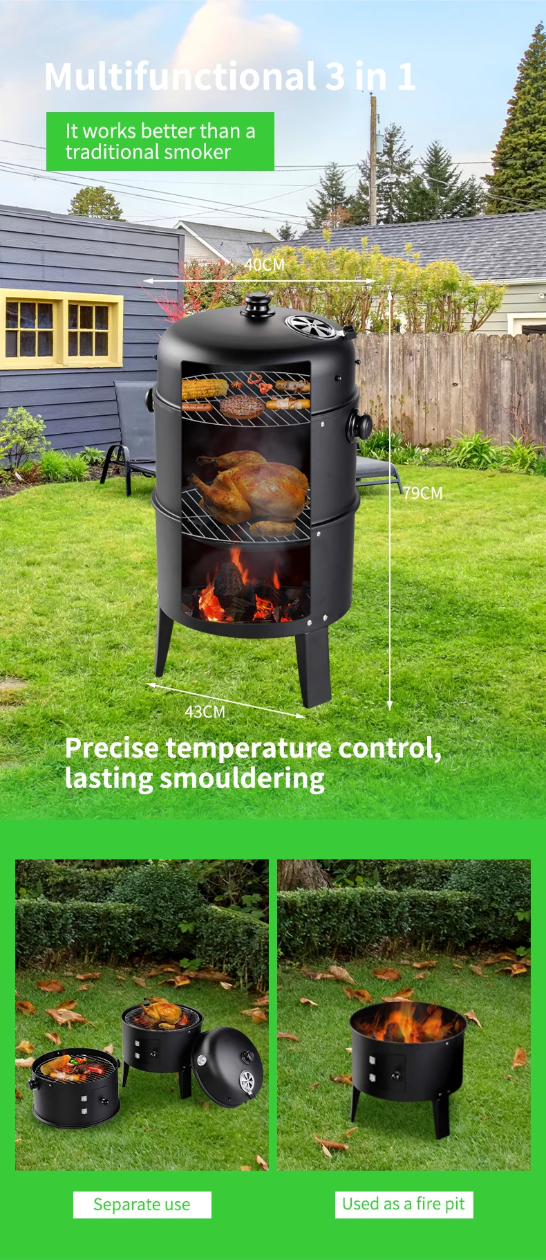 3 Layers Tower Vertical Barrel Outdoor Camping Barbecue Grill 3 In 1 ...